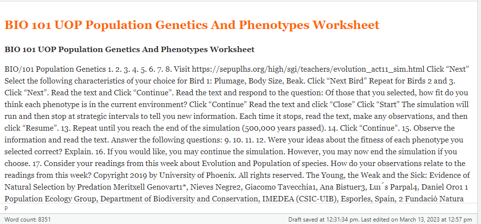 BIO 101 UOP Population Genetics And Phenotypes Worksheet - Nursing ...