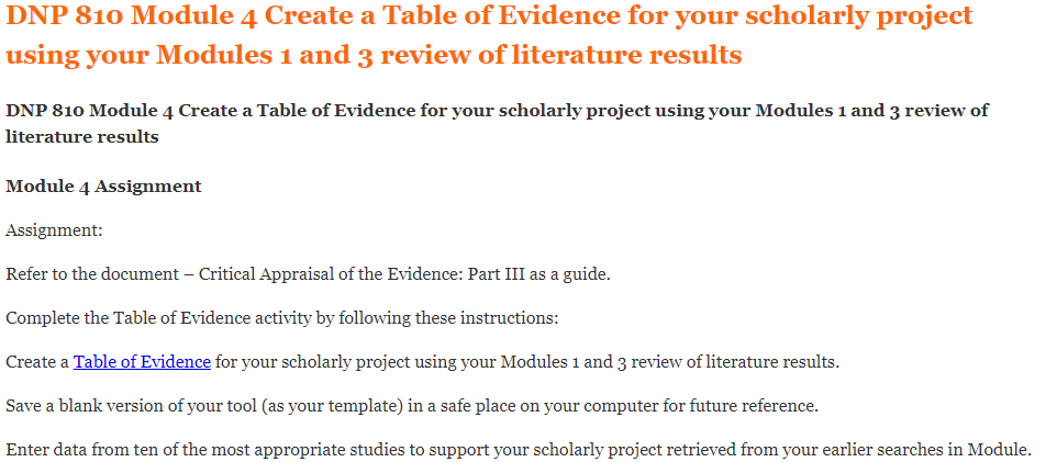 DNP 810 Module 4 Create a Table of Evidence for your scholarly project using your Modules 1 and ...