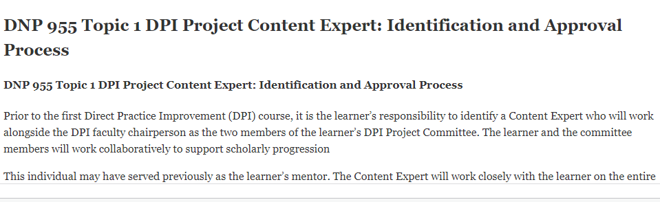 DNP 955 Topic 1 DPI Project Content Expert: Identification and Approval ...